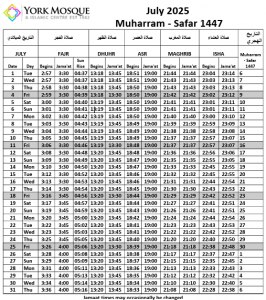 prayer_times – York Mosque & Islamic Centre